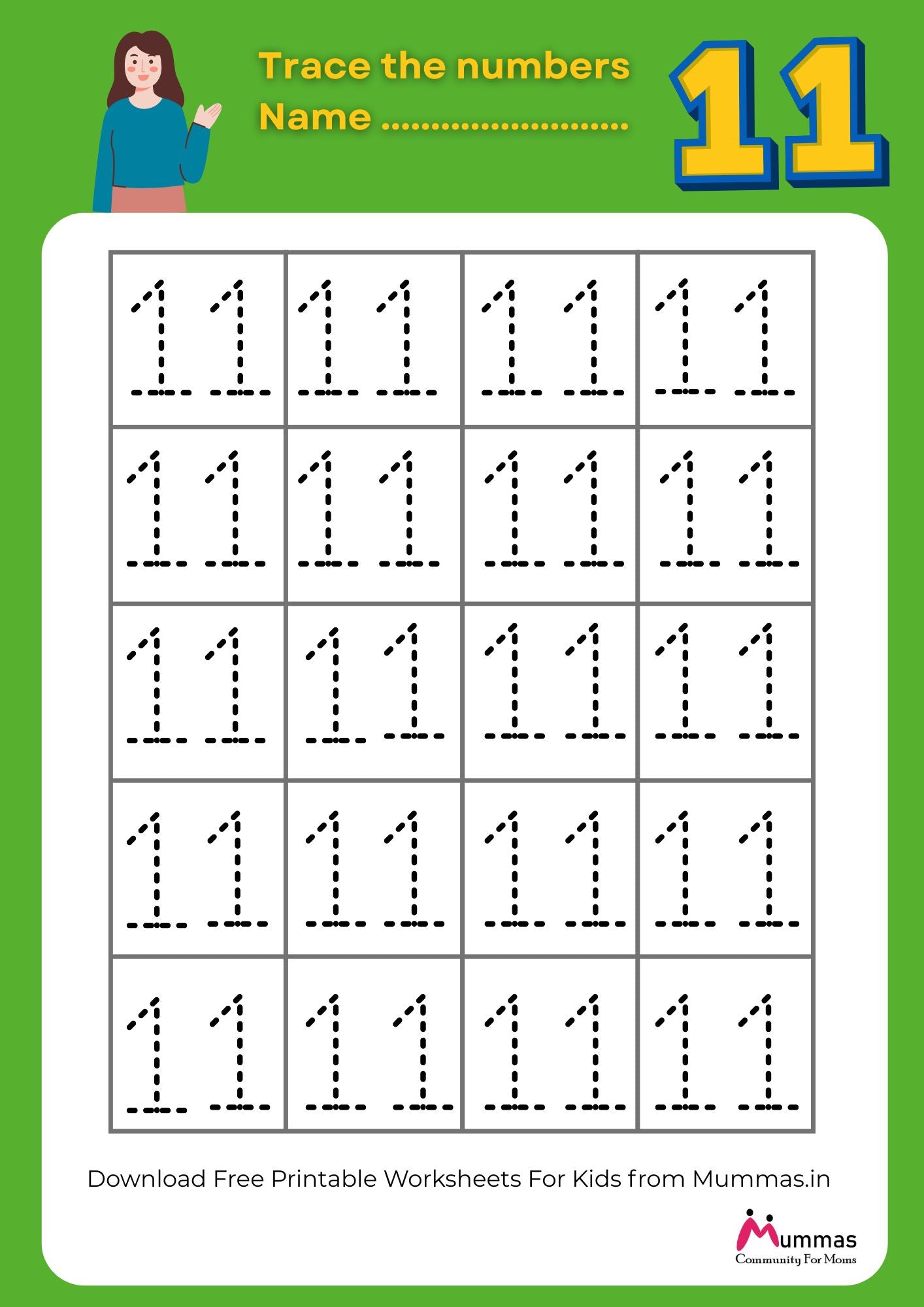 Number Tracing (11-20) Maths Worksheet for Montessori Level 1 Kids – Mummas